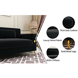 IQIAite 85" Wide Velvet Loveseat Sofa Mid Century Modern Comfy 3 Seat Couch Black Tufted Love Seat Sofas with 2 Pillows Gold Legs for Living Room Office Apartment Furniture Solid Wood Frame