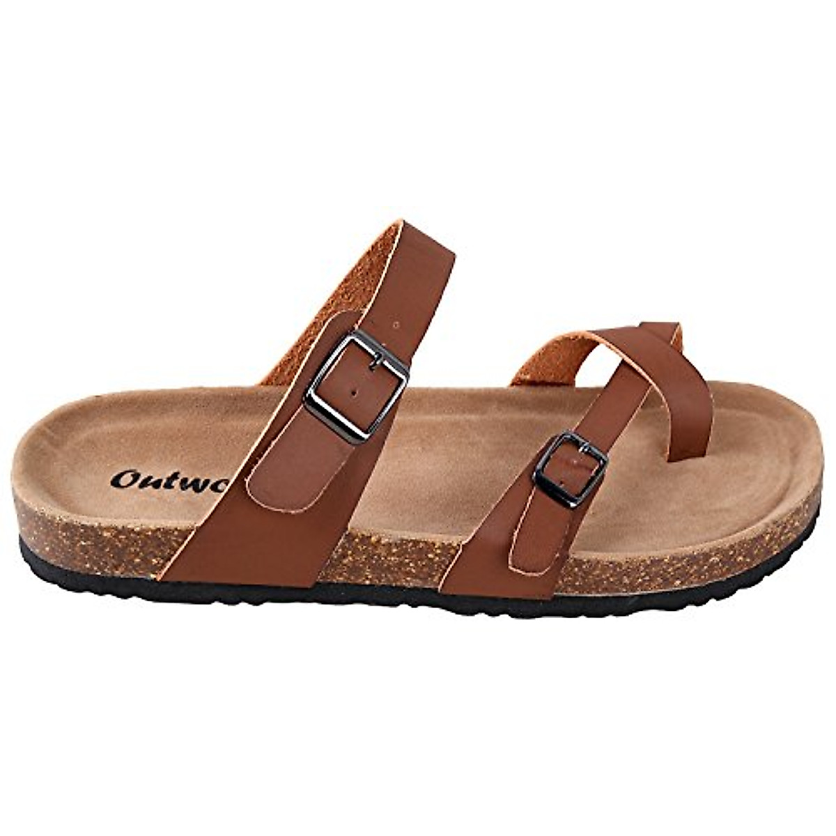 OUTWOODS Women's Bork-30 Vegan Leather Slide On Toe Loop Sandals, Brown 10