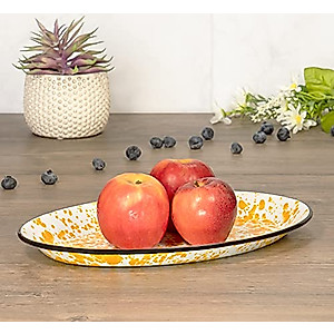 Red Co. Enamelware Metal Classic 13" Serving Oval Tray Platter, Yellow Marble/Black Rim - Splatter Design