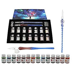 XIAOYU Glass Dip Pen Set, 18 Pieces Calligraphy Pens Set - 14 Color Inks, Pen Holder, Cleaning Cup, 2 Crystal Glass Pens for Art, Writing, Drawing, Signatures