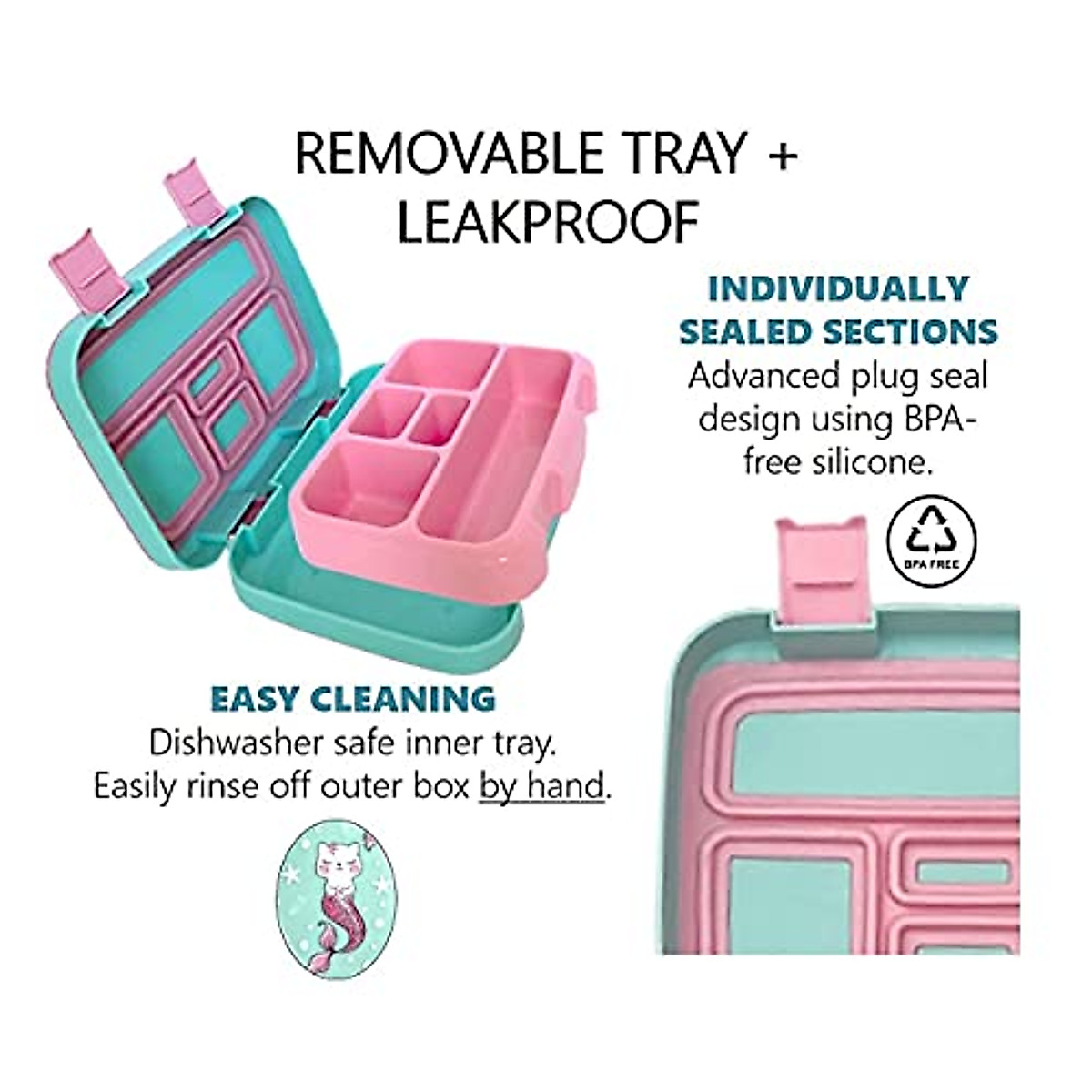 kinsho Bento Lunch Box and Matching Lunch Bag with Ice Pack Set for Girls, Toddlers (Pink Aqua Mermaid Cats)