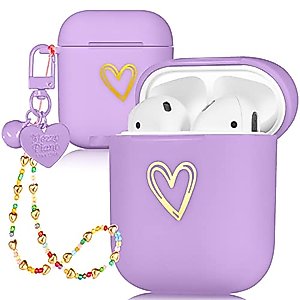Besoar for Airpods 1st/2nd Generation Case Cute for Women Girls Girly Aesthetic Purple Heart Cases with Keychain Buckle for Airpod 1/2 Pretty Lovely Soft Silicone Cover Unique Design for Air Pods 1/2