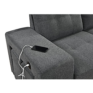THSUPER 100 inch Linen Sectional Sleeper Sofa with Pull Out Bed, L Shaped Convertible Sectional Sleeper Couch with Storage Ottoman, 2 Foot Stool and USB Ports, Dark Gray