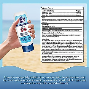 Coral Isles Reef Safe Sunscreen SPF 50 Lotion - Octinoxate & Oxybenzone Free - Hawaii Approved Sun Shield - Broad Spectrum UVA/UVB Protection - Waterproof, Odorless Skin Protector (6 Fl Oz)