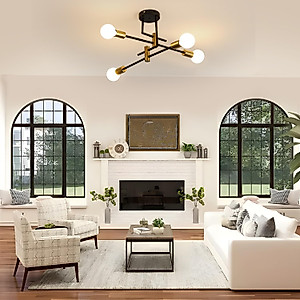 Tealight Sputnik Ceiling Light Fixture, 4 Light Mid Century Modern Black and Gold Lighting Fixture Semi Flush Mount Ceiling Lamp for Bedroom, Living Room, Kitchen, Dining Room, Hallway