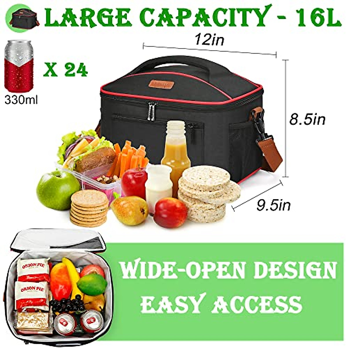 LOKASS Lunch Box Insulated Lunch Bag Leakproof Cooler Bag Large Drinks Holder Wide-Open Snacks Organizer with Shoulder Strap for Men Women Adult Work School Picnic Beach Camping Hiking, Black(16L)