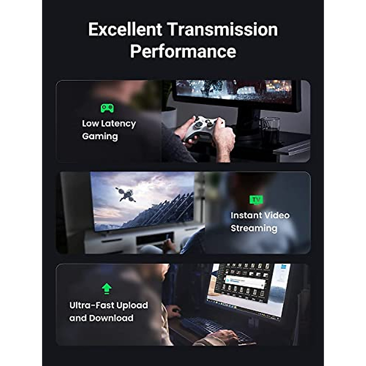 JUXINICE Ultra Thin CAT6a Ethernet Cable 1.5FT Short, Flexible and Light,Ultra Short Crystal Head is Easy to Bend Right Angle, 10Gigabit/Sec Network/High Speed Internet Cable in Nylon Black