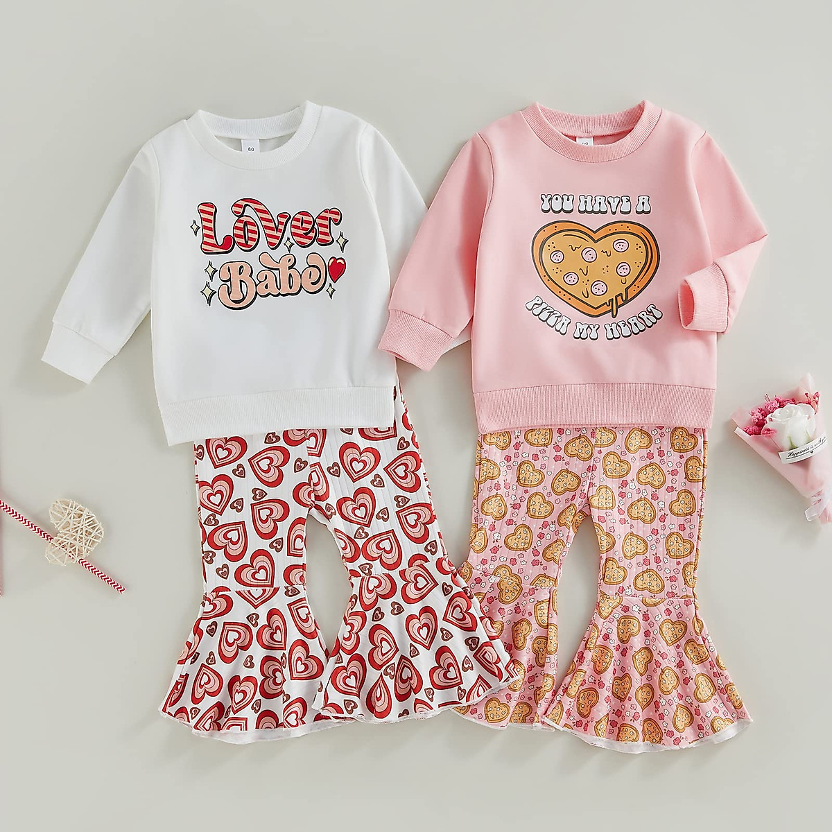 2Pcs Toddler Baby Girls Valentine's Day Outfits Letter Print Sweatshirts Pullover Tops Heart Print Flare Pants Clothes (Pink, 2-3 Years)