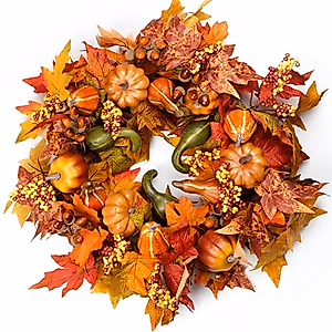 HomeKaren Fall Wreaths for Front Door 22 inch, Fall Door Wreath with Pumpkin, Maple Leaves Autumn Thanksgiving Harvest Festival Decorations Indoor and Outdoor