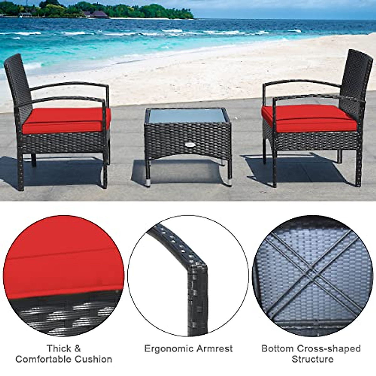 Tangkula 3 Pieces Patio Wicker Rattan Furniture Set, Rattan Chair with Coffee Table, High Load Bearing Chair Conversation Sets for Patio Garden Lawn Backyard Pool