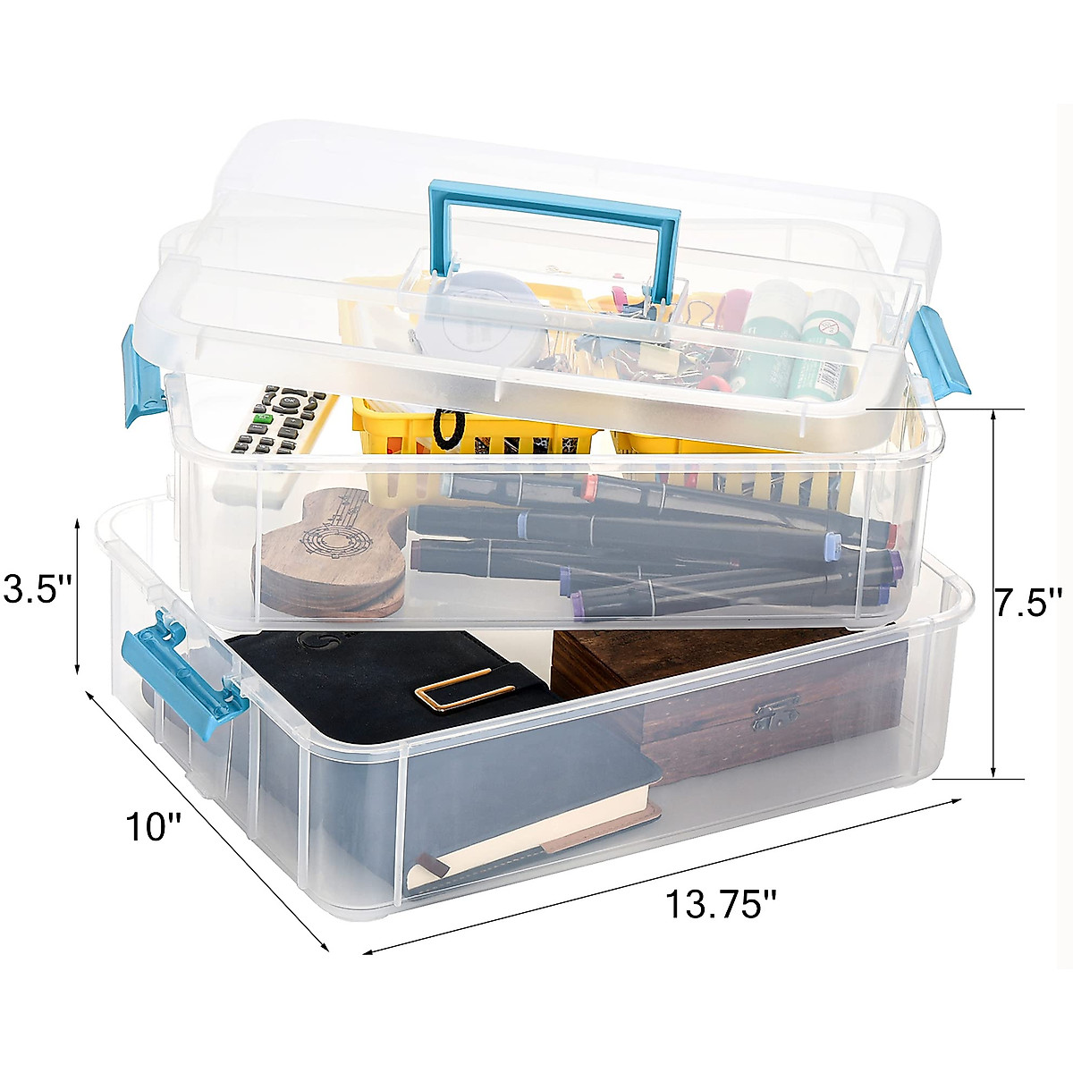 Yesland Large 2 Layer Stack & Carry Box - 13.75 x10 x 7.5 Inch Plastic Stackable Craft Storage Box Container with Handle - Portable Organizer Box for Stationery, Sewing, Art Craft, Jewelry,