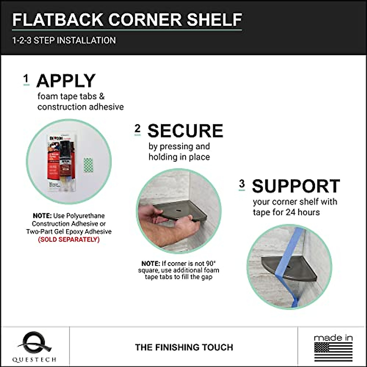 Questech Décor 8 Inch Corner Shower Shelf and 5 Inch Shower Caddy Foot Rest, Metro Flatback Wall Mounted Bathroom Shower Organizer, Cool Gray