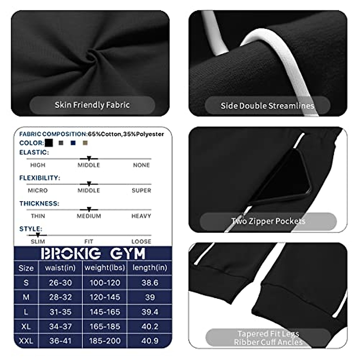 BROKIG Men Double Whitelines Athletic Open Bottom Sweatpants,Casual Workout Lounge Pants with Zipper Pockets,Slim Fit Gym Joggers for Men (X-Large, Black)