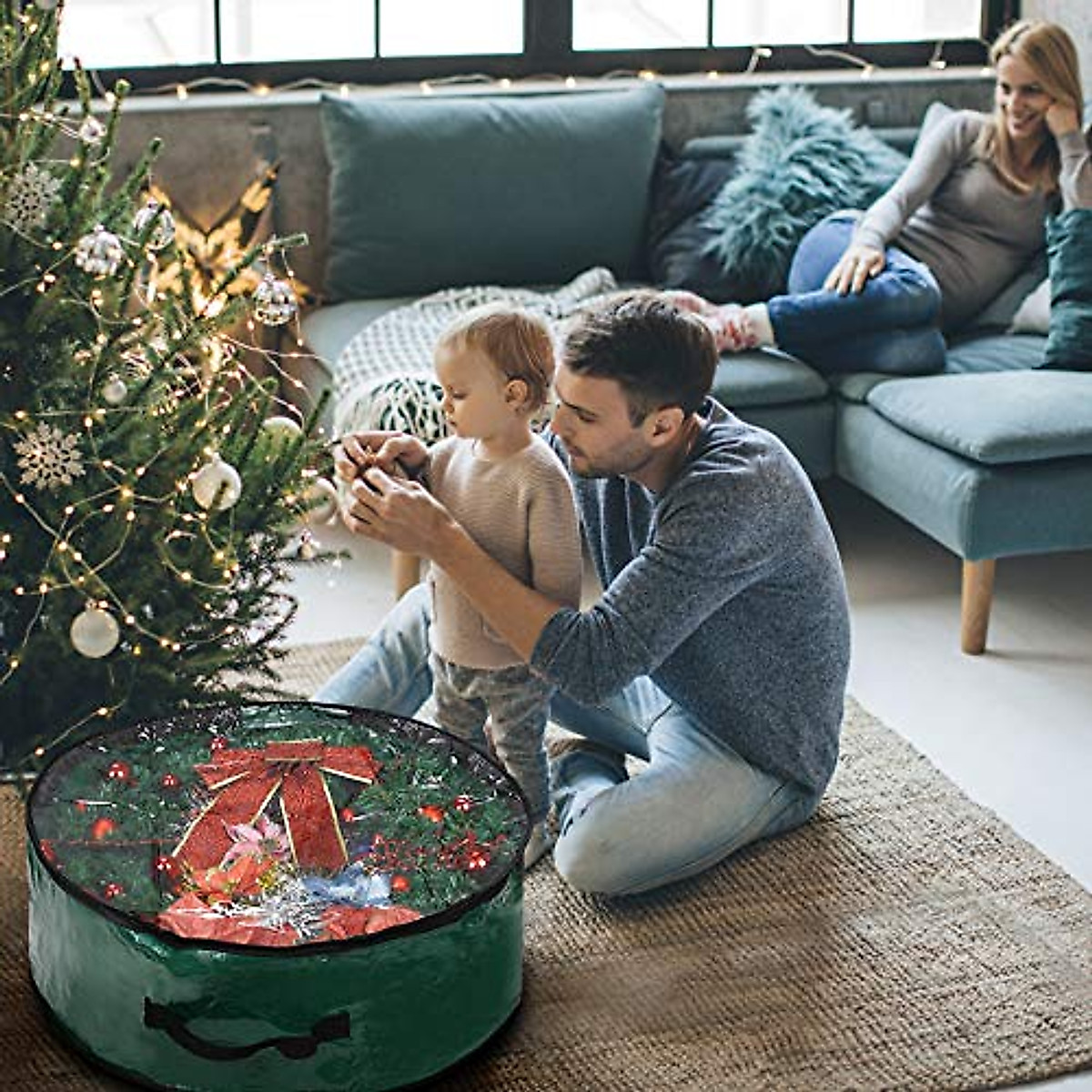 Propik Christmas Wreath Storage Bag 24" - Garland Holiday Container with Clear Window - Tear Resistant Fabric - 24" X 24" X 8" (Green)