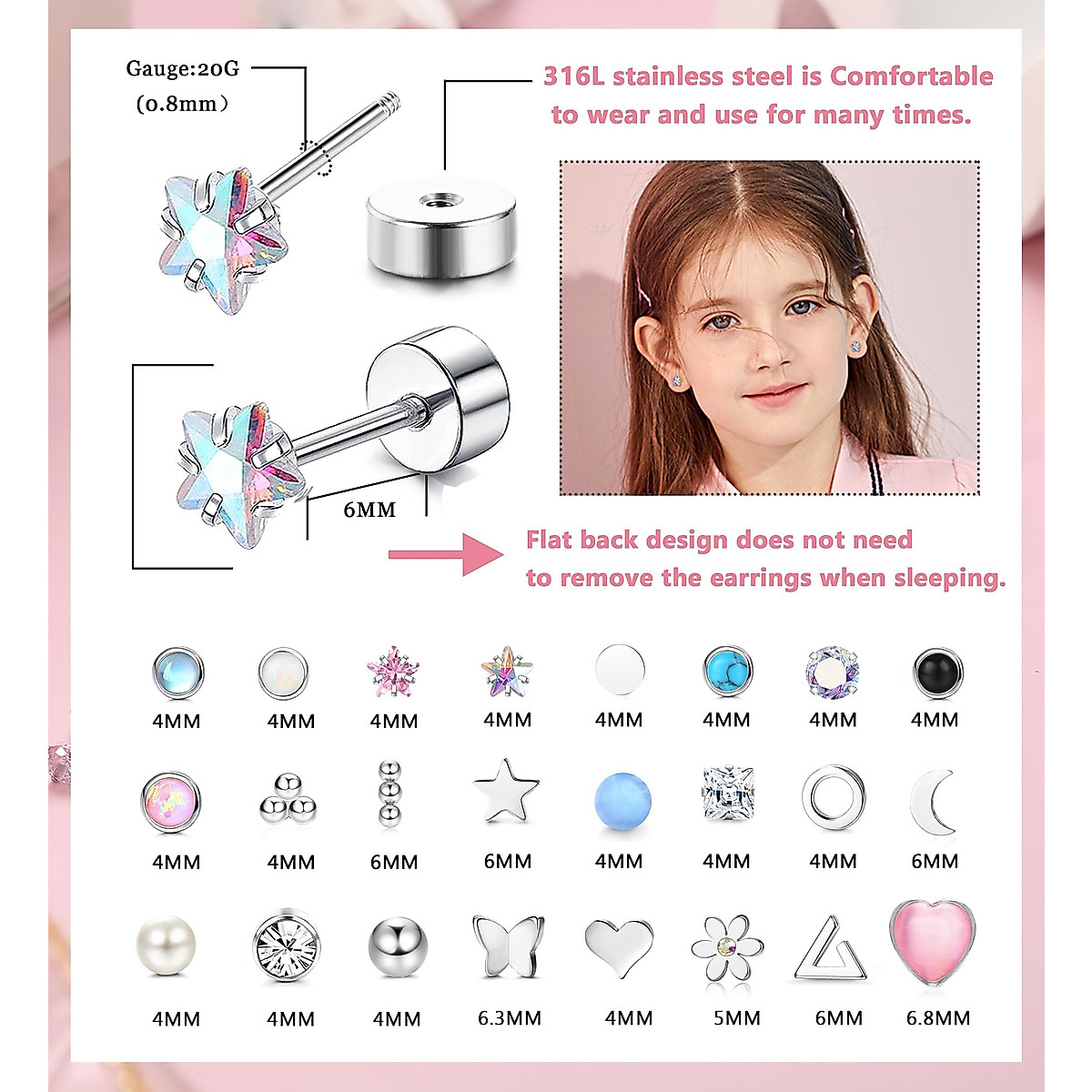 Jstyle Hypoallergenic Flat Back Stud Earrings for Women Surgical Stainless Steel Earrings Sets for Sentive Ears Cartilage Earring Small Flatback Studs Earrings Screw Back Earrings Piercing