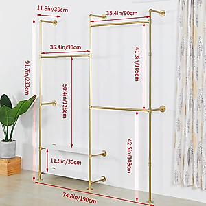 EDCB Industrial Pipe Clothing Rack with Shelves Closet Rods System, Double Hanging Rods Wall Mounted Clothes Rack Heavy Duty, Detachable Garment Bar (91.5X72inch, Gold)