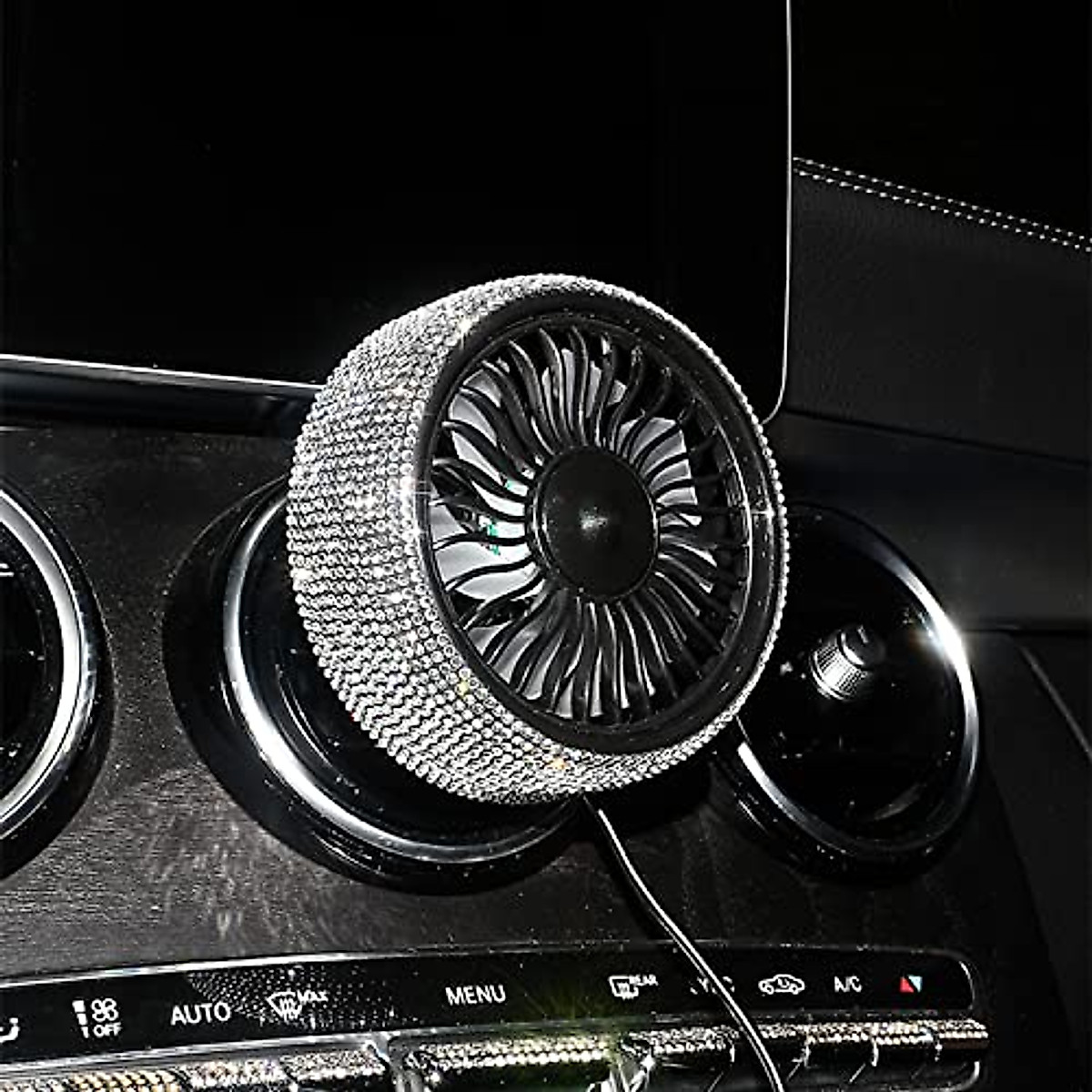 Bling Car Fan USB Fan with LED Light, Air Vent Mounted USB Fan with Bling Rhinestones Crystal for Car Air Vent Mounted, 360° Rotatable Car Auto Powerful Cooling Air Fan for Sedan SUV Auto Vehicles.
