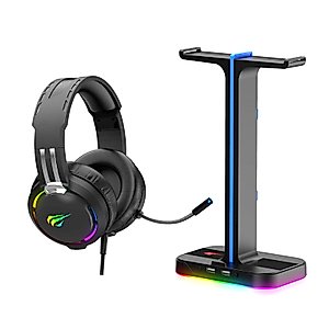 Havit RGB Gaming Headset and Headphone Stand 2 in 1 Set, Desk Dual Headset Hanger Base with Phone Holder & 2 USB Port, Gaming Headphone with Mic for Desktop PC Game PS4 PS5 Xbox