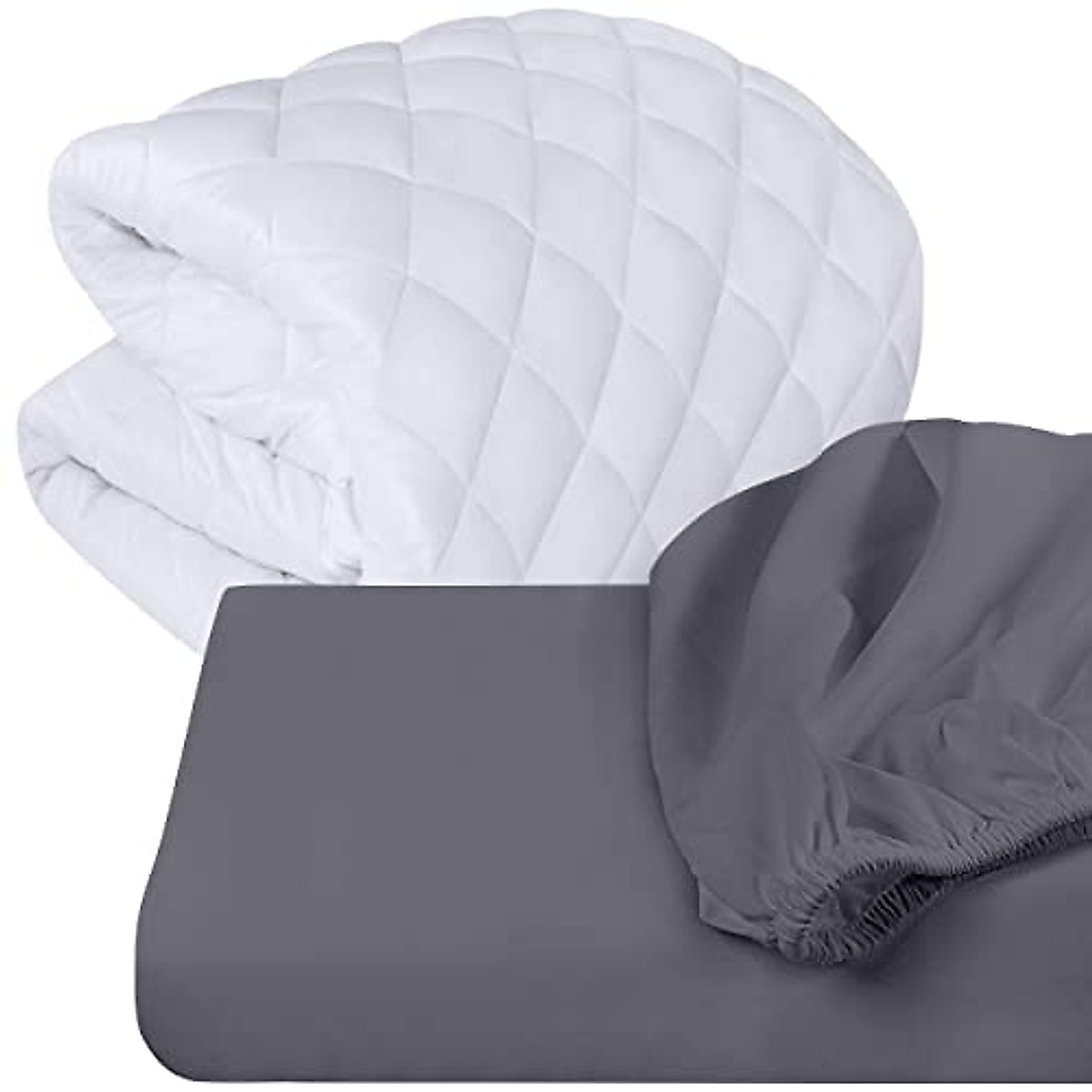 Utopia Bedding Fitted Sheet Queen Grey with Mattress Pad Quilted Fitted White (Pack of 2)