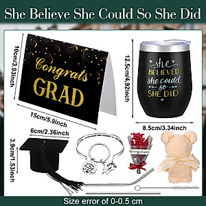 Karenhi 8 Pcs Graduation Gifts for Her 2024 College Congratulations Gifts Sets for Women Stainless Steel Wine Tumbler Graduation Keychains Bracelet Flowers Towel Cards Socks Doctoral Cap Storage Box