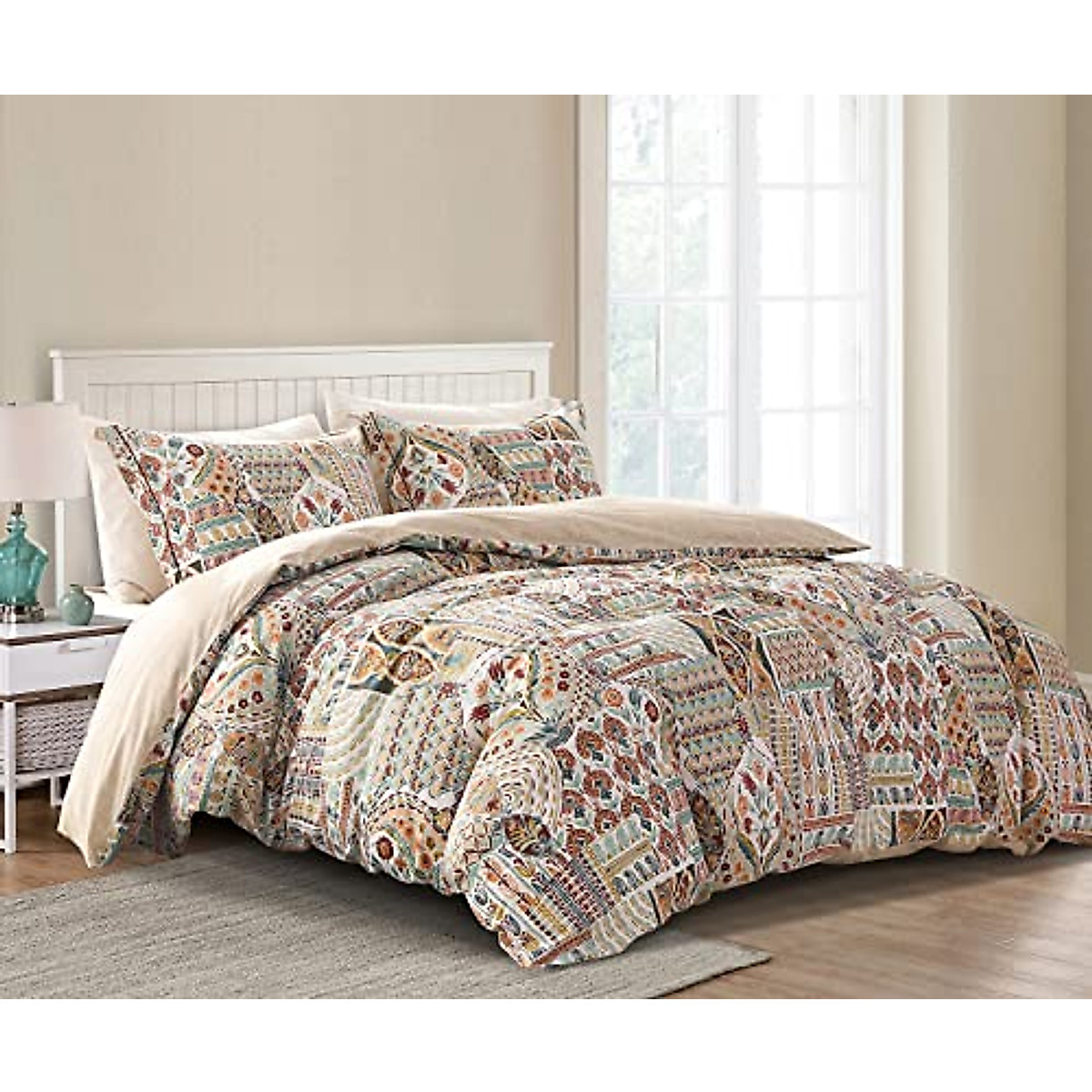 SLEEPBELLA Duvet Cover Queen Size, 600 Thread Count Cotton Beige & Dark Red Printed with Luxurious Botanical Pattern Boho Comforter Cover Sets, Bedding Set 3Pcs (Queen, Beige-Bohemian)