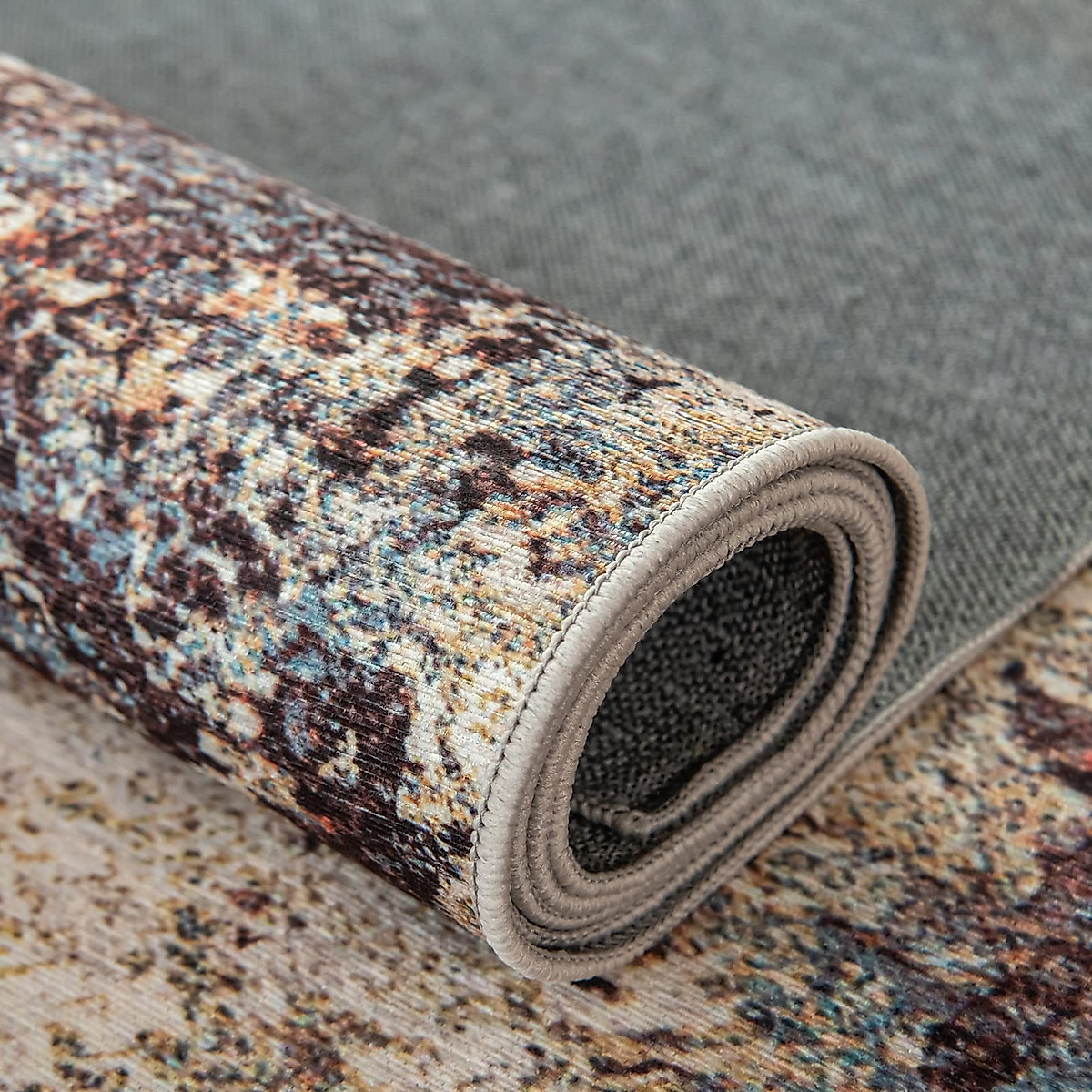 OIGAE Washable Rug 9x12, Abstract Modern Area Rugs with Non-Slip Backing, Non-Shedding Floor Mat Throw Carpet for Living Room Bedroom Kitchen Laundry Home Office, Gold/Brown