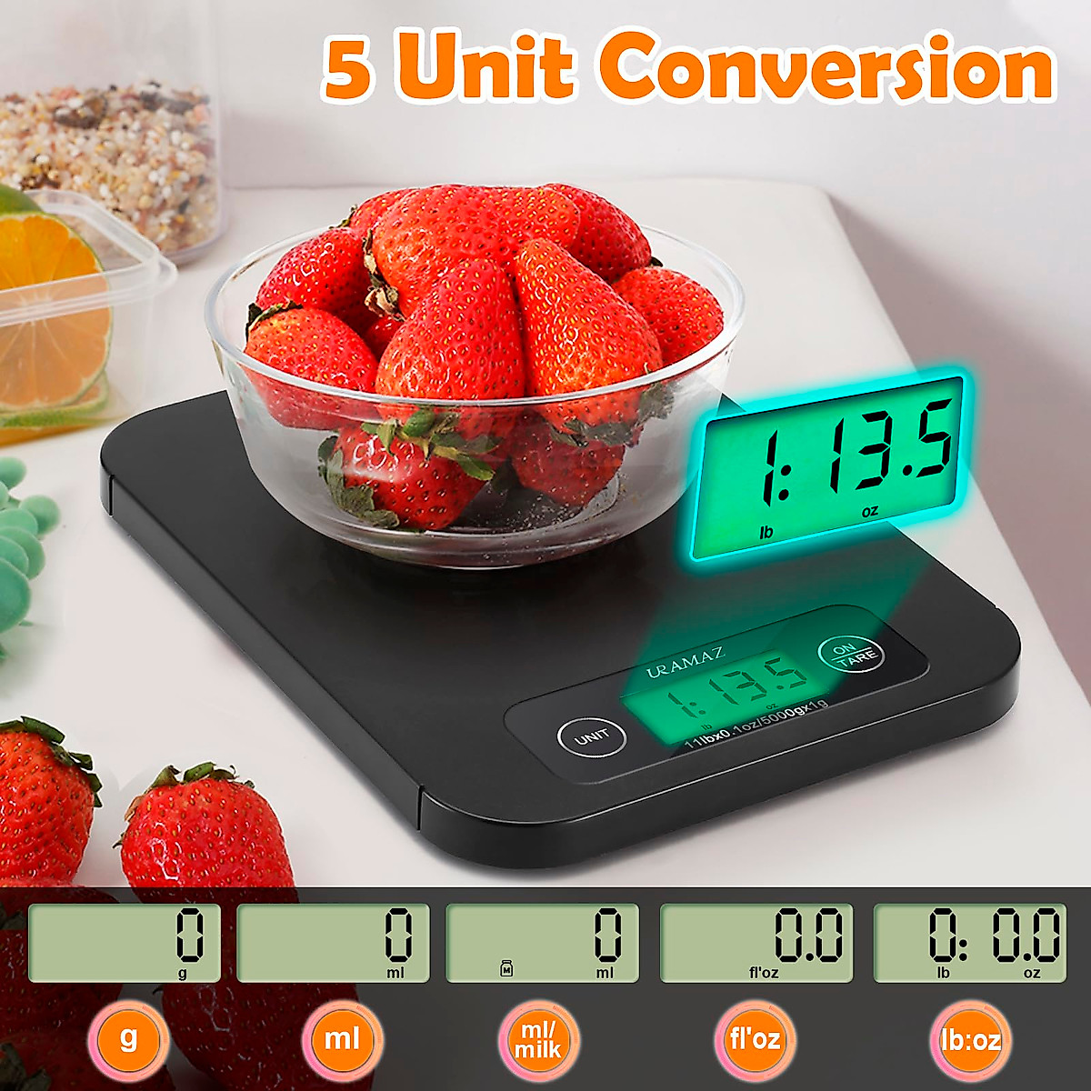 URAMAZ Smart Digital Food Scale for Weight Loss, Kitchen Food Scale Grams and Ounces with Nutritional Calculator, Food Weight Scale for Diet, Keto, Macro, Calorie, Cooking, Meal Prep 0.1oz/11lb