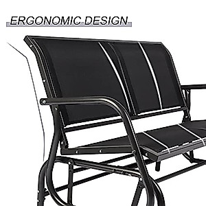 Koreyosh Outdoor Glider Bench 2-Person Rocking Loveseat Chair Patio Swing Rocker w/Powder Coated Frame and Textilene Mesh Seating for Porch Yard Graden, Black