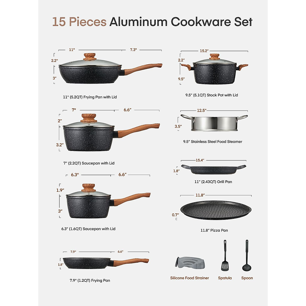 FOHERE Pots and Pans Set with Lids 15 PCS, Aluminum Nonstick Induction Cookware Sets, with Frying Pans, Saucepans, Stock Pot, Pizza Pan, Griddle Pan, and Food Steamer, Silicone Food Strainer, Black