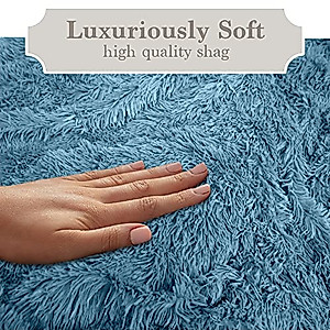 The Connecticut Home Company Shag Throw Blanket and Throw Pillow Case Set of 2, Both in Slate Blue, Sherpa Reversible Blanket is Size 65x50 and Pillow Cases are Size 16x16, 2 Item Bundle