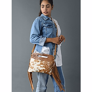 Western Suede Fringe Hair-On Crossbody Bag Women Natural Leather Hand Bag With Adjustable Strap | Leather Handbag | Purse | Side Sling Bag