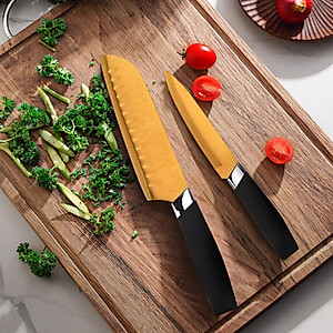 Kitchen Knife Set, Retrosohoo 6 Pieces Sharp Stainless Steel Chef Knife Set with Cylindrical Block, Ergonomic Black Handle Knife with Gold Blades, Knife Set with Gift Box, House Warming Gift (Black)