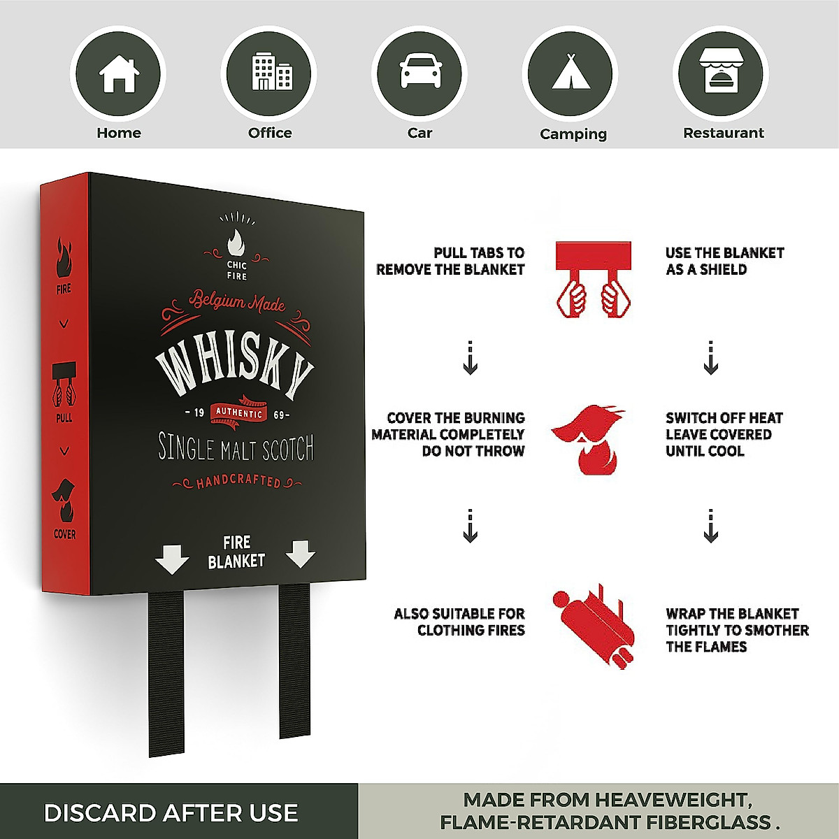 CHIC FIRE Designer Fire Blanket 47” x 47” - Stylish Fire Blanket for Home & Kitchen - Flame-Retardant Fiberglass Emergency Blanket - Designed for Kitchen, Workspace, Restaurant - Red Whisky