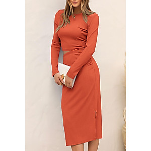 PRETTYGARDEN Womens 2024 Fall 2 Piece Outfits Track Suits Long Sleeve Crop Tops Bodycon Midi Skirt Slit Dress Matching Sets (Orange,Large)