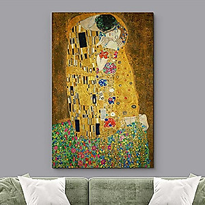 wall26 Canvas Print Wall Art The Kiss by Gustav Klimt People Historic Illustrations Fine Art Traditional Scenic Colorful Multicolor Ultra for Living Room, Bedroom, Office - 24"x36"