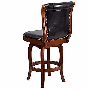Flash Furniture 26'' High Cherry Wood Counter Height Stool with Button Tufted Back and Black LeatherSoft Swivel Seat