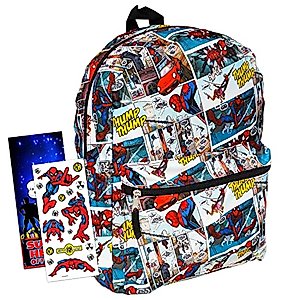 Marvel Spiderman Backpack for Boys Girls Kids -- 2 Pc Bundle With 16" Marvel Comics Spiderman School Backpack Bag with Stickers (Spiderman School Supplies)