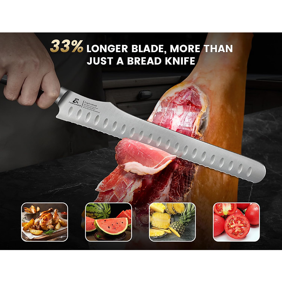 CoquusAid Bread Knife for Homemade Bread, 10.6 Inch Multifunction Serrated Knife, Razor Sharp Slicer, Forged High Carbon German Steel, Full Tang Ergonomic Handle Design for Sourdough Turkey Fruit