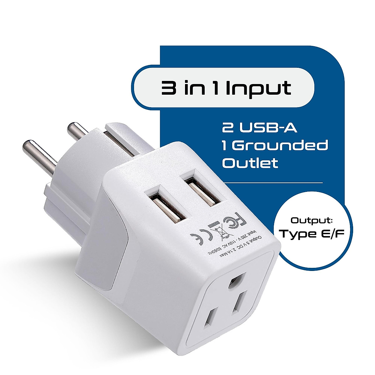 Ceptics Europe Travel Adapter Plug Set Schuko - with 2 USB + USA Socket Input - Type E/F and Type C - Ultra Compact - Safe Grounded Perfect for Cell Phones, Laptops, Camera Chargers (CTU-9-9C-PK)