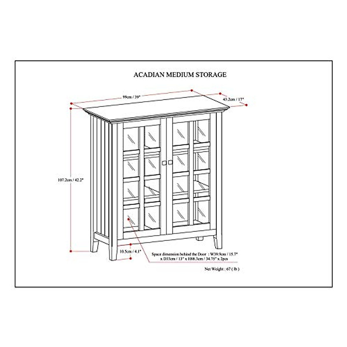 SIMPLIHOME Acadian SOLID WOOD 39 inch Wide Rustic Medium Storage Cabinet in Black, with 2 Tempered Glass Doors, 4 Adjustable Shelves