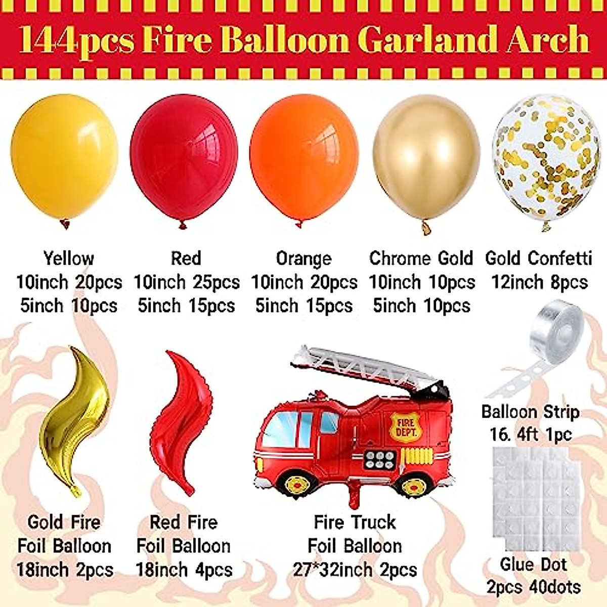 Enanal Fire Balloon Garland Arch Kit, 144pcs Red Yellow Chrome Gold Balloons with Fire Truck Foil Balloons for Fireman Party Supplies Kids Birthday Firefighter Rescue Themed Party Decoration (Fire)