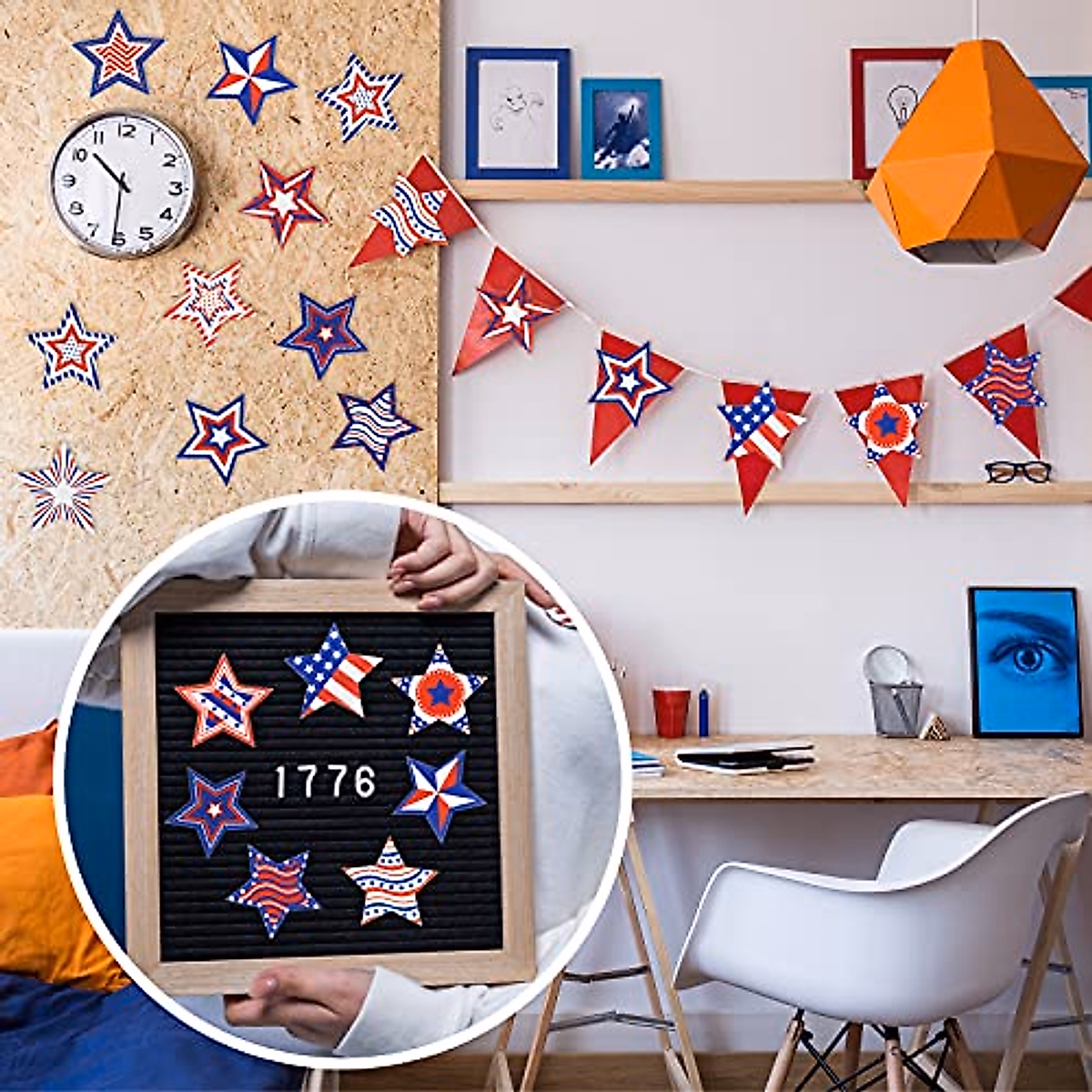 64 Pieces Patriotic Stars Paper Cutouts Patriotic Day Stars Accents with 80 Pieces Glue Point Dots for Independence Day 4th of July Memorial Day Patriotic Decoration Home Office School