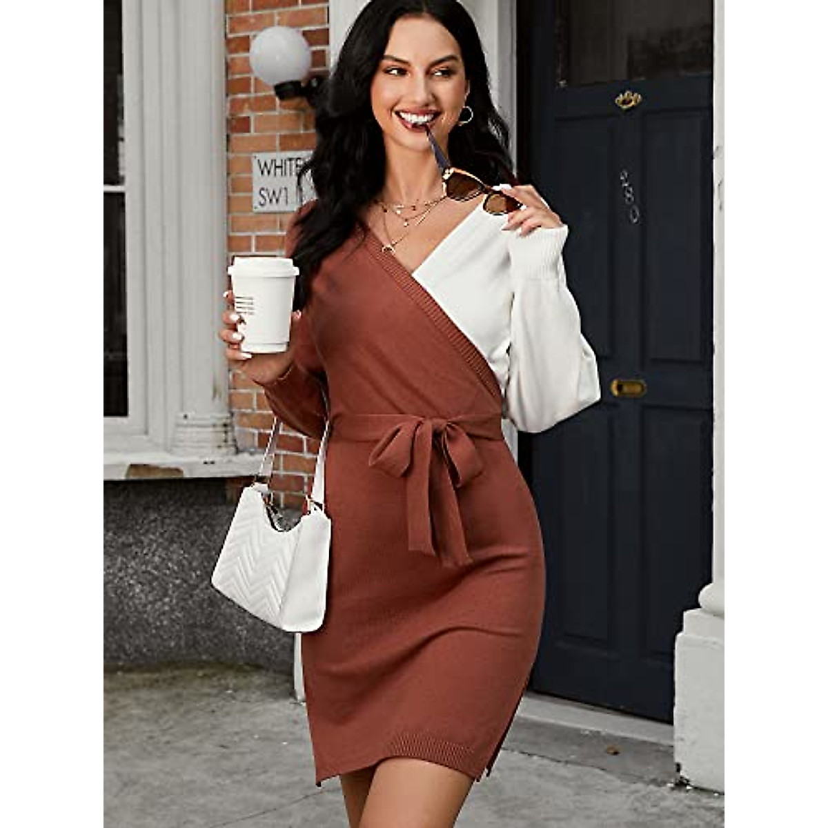 ZAFUL Women's V-Neck Colorblock Batwing Long Sleeve Backless Bodycon Cocktail Pullover Sweater Mini Dress with Belt