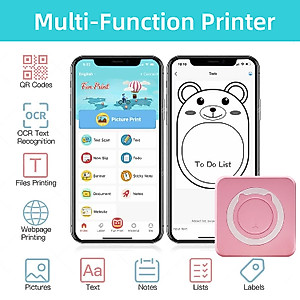 Fernuenx Portable Wireless Printer Mini Pocket Bluetooth Thermal Printers with 5 Rolls Printing Paper Compatible with Android iOS iPhone for Label Receipt Photo Notes and Memos (Pink)