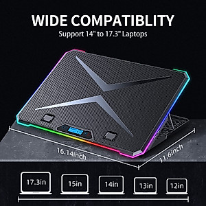 KYOLLY RGB Cooling Pad Gaming Laptop Cooler, Laptop Fan Cooling Stand with 6 Quiet for 15.6-17.3 inch laptops, 9 Height Stand, LED Lights & LCD Screen, 2 USB Ports, Lap Desk Use