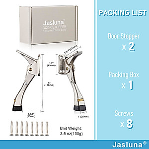 Jasluna Kickdown Door Stopper, 2-Pack Door Holder to Keep Door Open, 4-inch Commercial Heavy Duty Door Stoppers, One Touch Height-Adjustable Rubber Tips, Satin Nickel