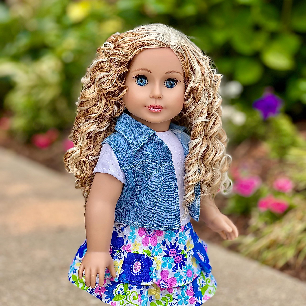 - Feeling Happy - 4 Piece Outfit - Skirt, White T-Shirt, Blue Jeans Vest and White Cowgirl Boots - Clothes Fits 18 Inch Doll (Doll Not Included)