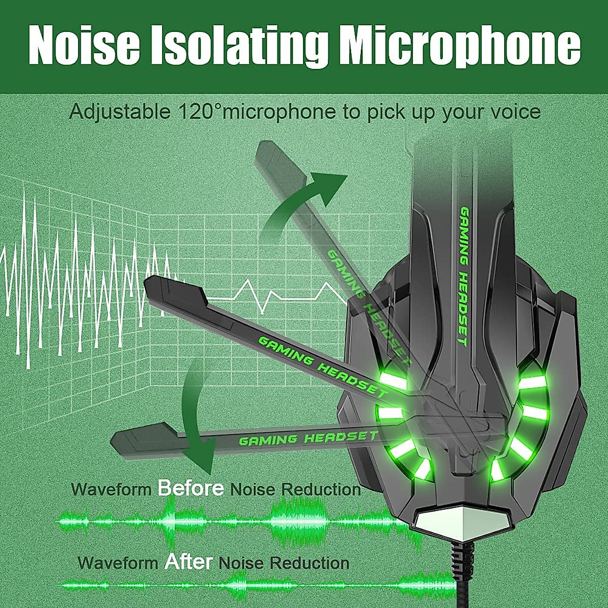 BENGOO G9000 Stereo Gaming Headset for PS4 PC Xbox One PS5 Controller, Noise Cancelling Over Ear Headphones with Mic, LED Light, Bass Surround, Soft Memory Earmuffs for Laptop Mac - Green