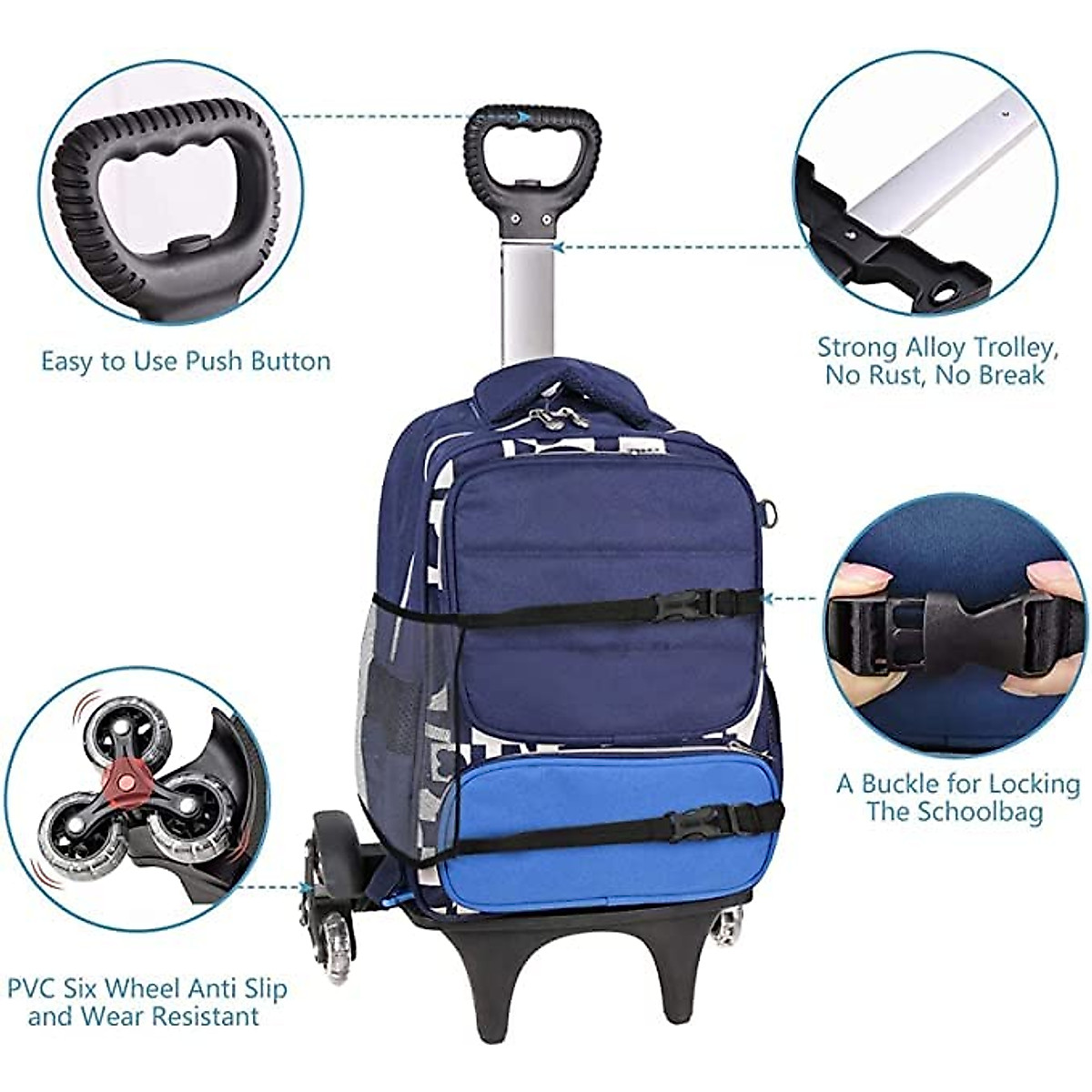 Amythe Backpack Trolley Wheeled Cart with Net Bag, Durable Aluminium Alloy Folding Luggage Carts with Wheels, Foldable Lightweight Student's Backpack Travel Hand Truck with Buckles, 6 Wheels