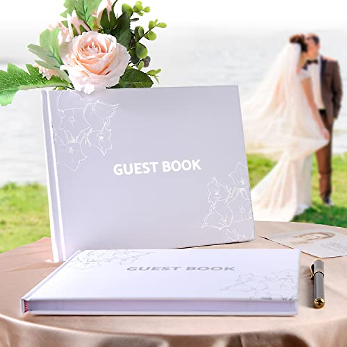 BPFY Wedding Guest Book, Sign in Guest Book for Wedding Reception, 9"x7" 120 Page Wedding Registry Guestbook with Sliver Foil, Purple Flower Floral Design Baby Shower Guest Book